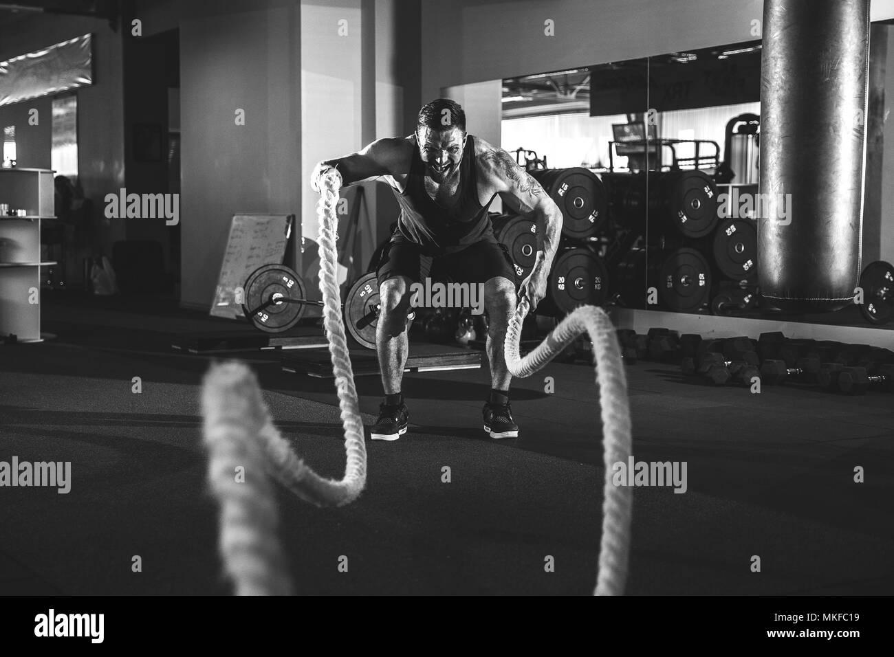 Muscular powerful aggressive man training with rope in functional ...