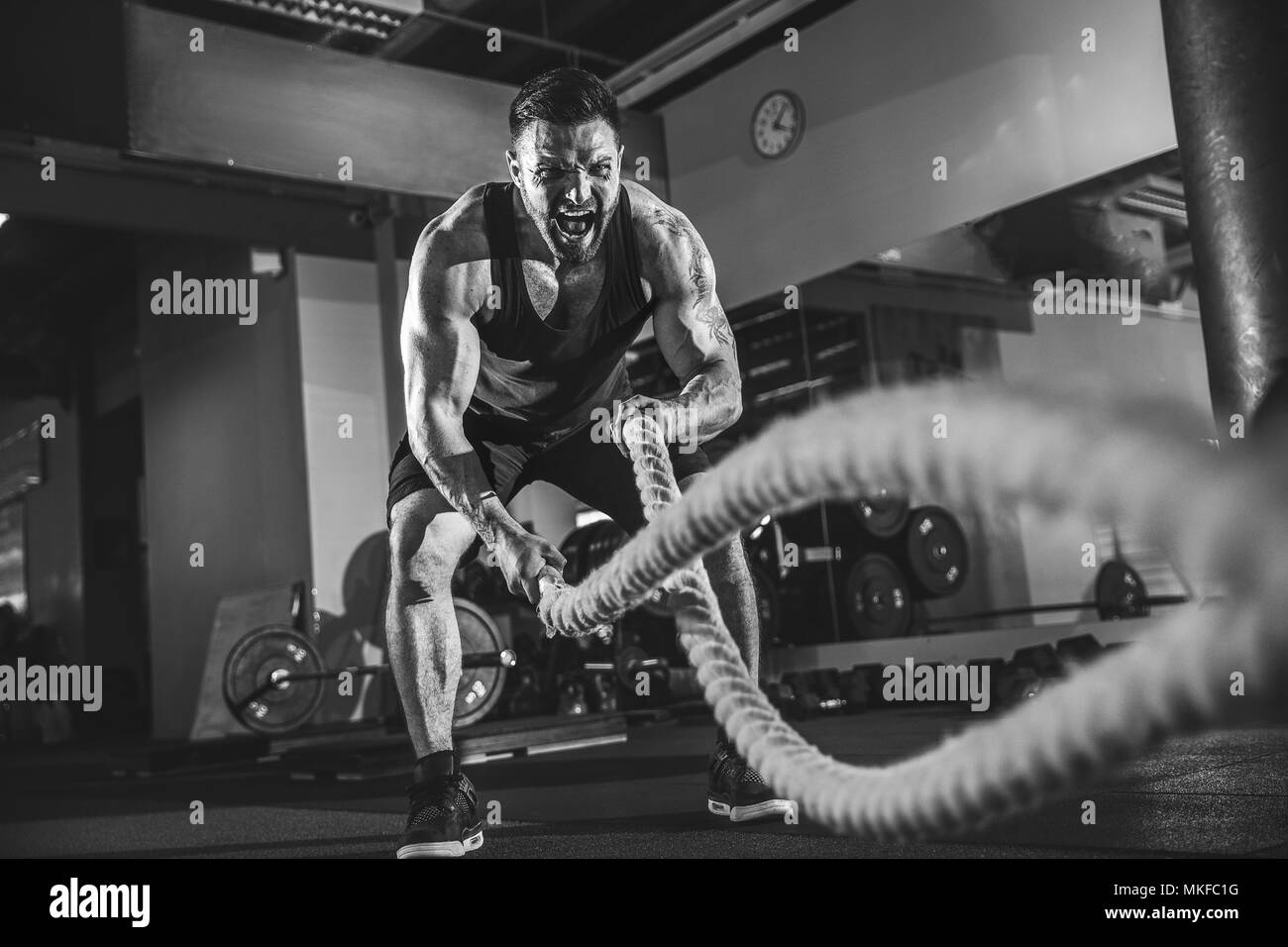 Muscular powerful aggressive man training with rope in functional ...