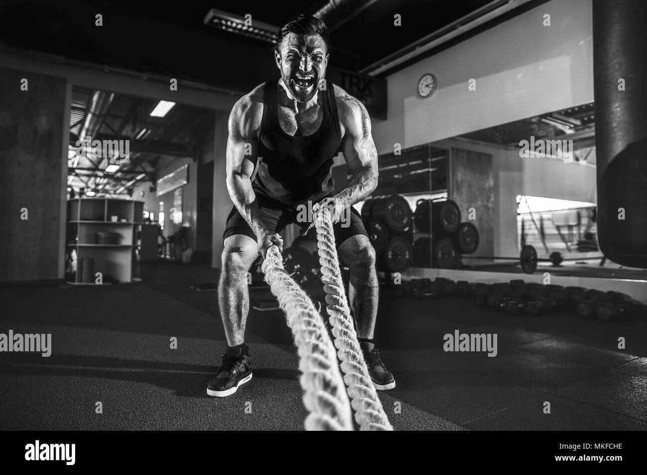 Muscular powerful aggressive man training with rope in functional ...