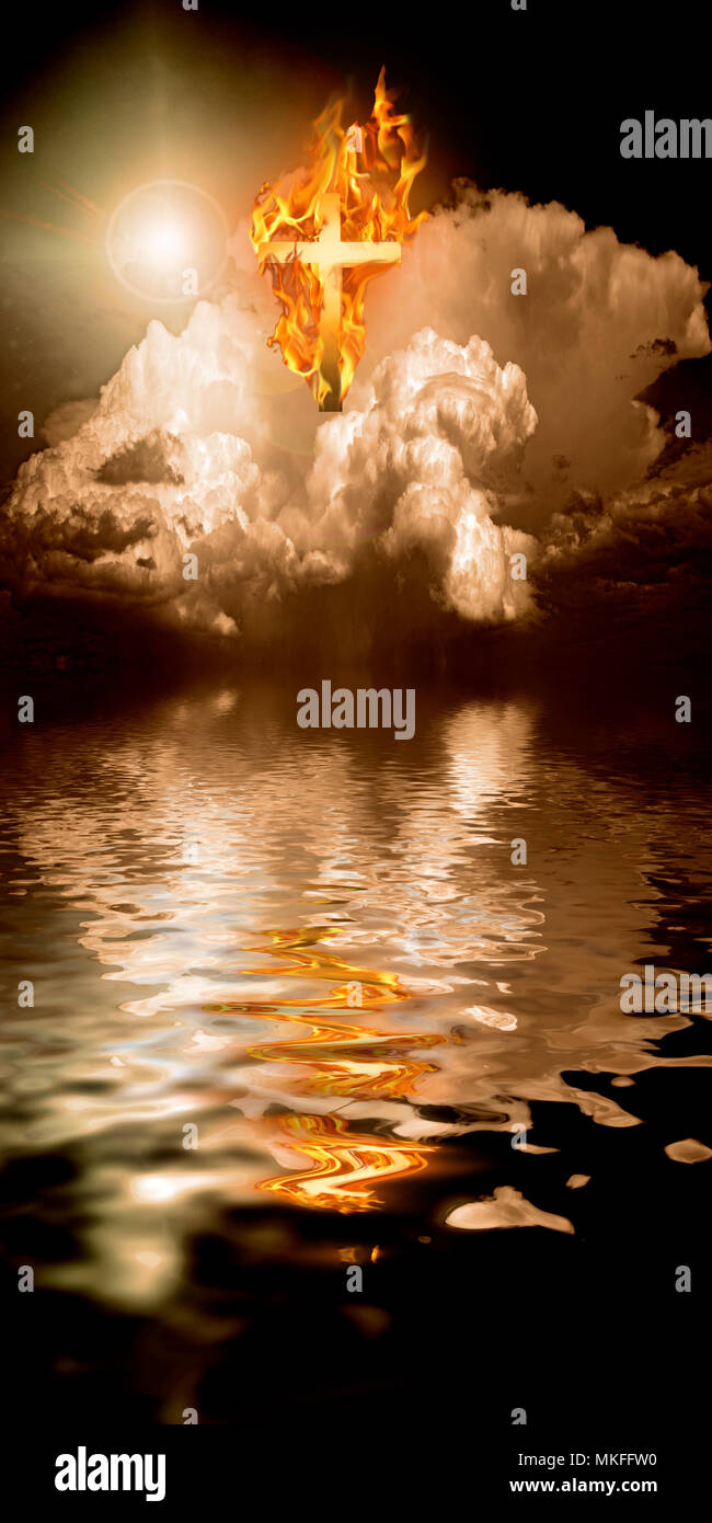 Burning Cross Hangs in Sky over Water Stock Photo - Alamy