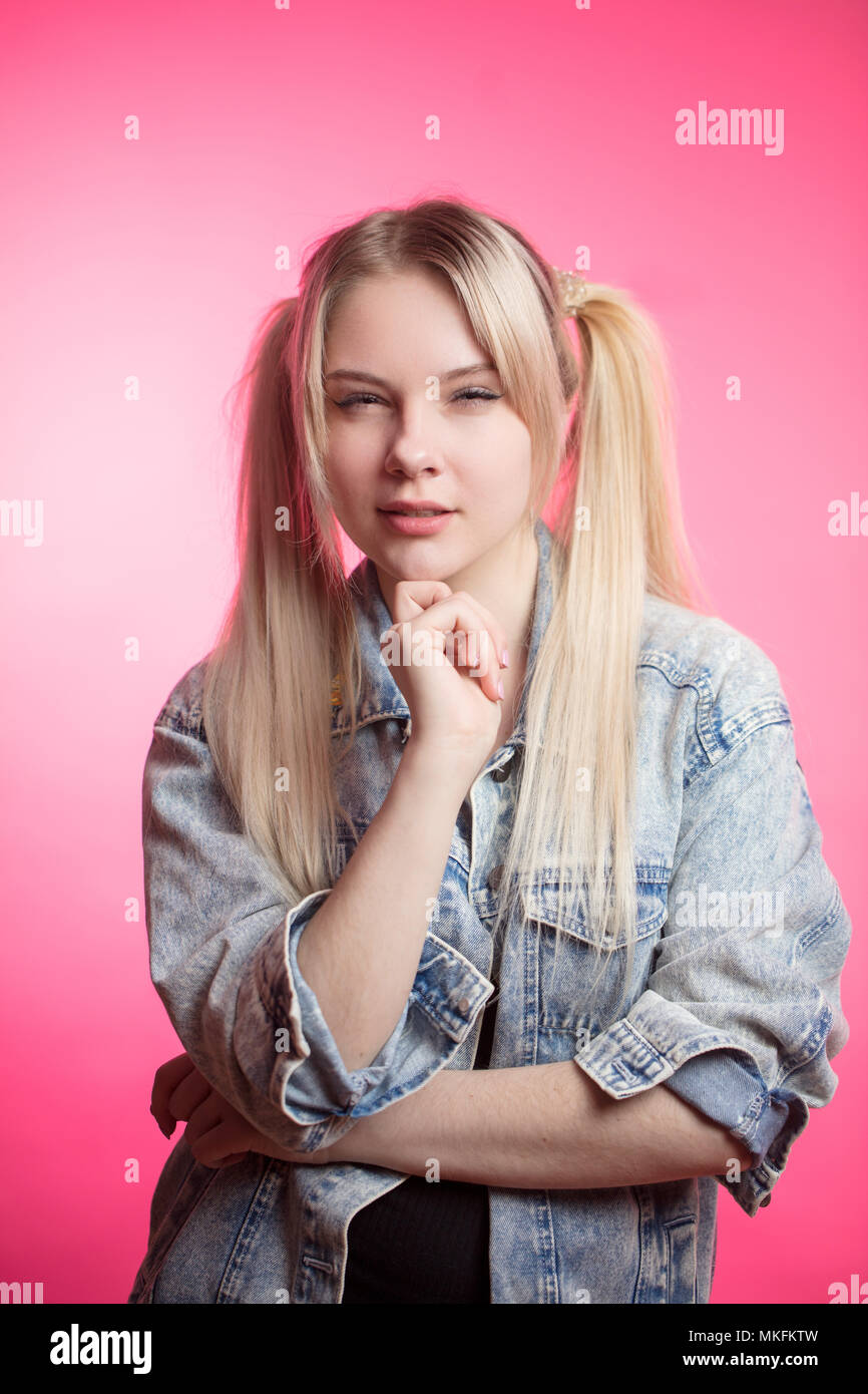 Oh, so you are. Young student girl crinkling his eyes, thinking of sly ...