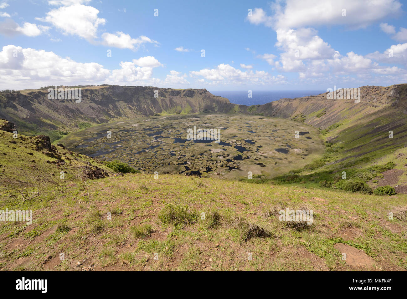 Crater of extinct volcano Rano Kau, Easter Island, Chile Stock Photo ...