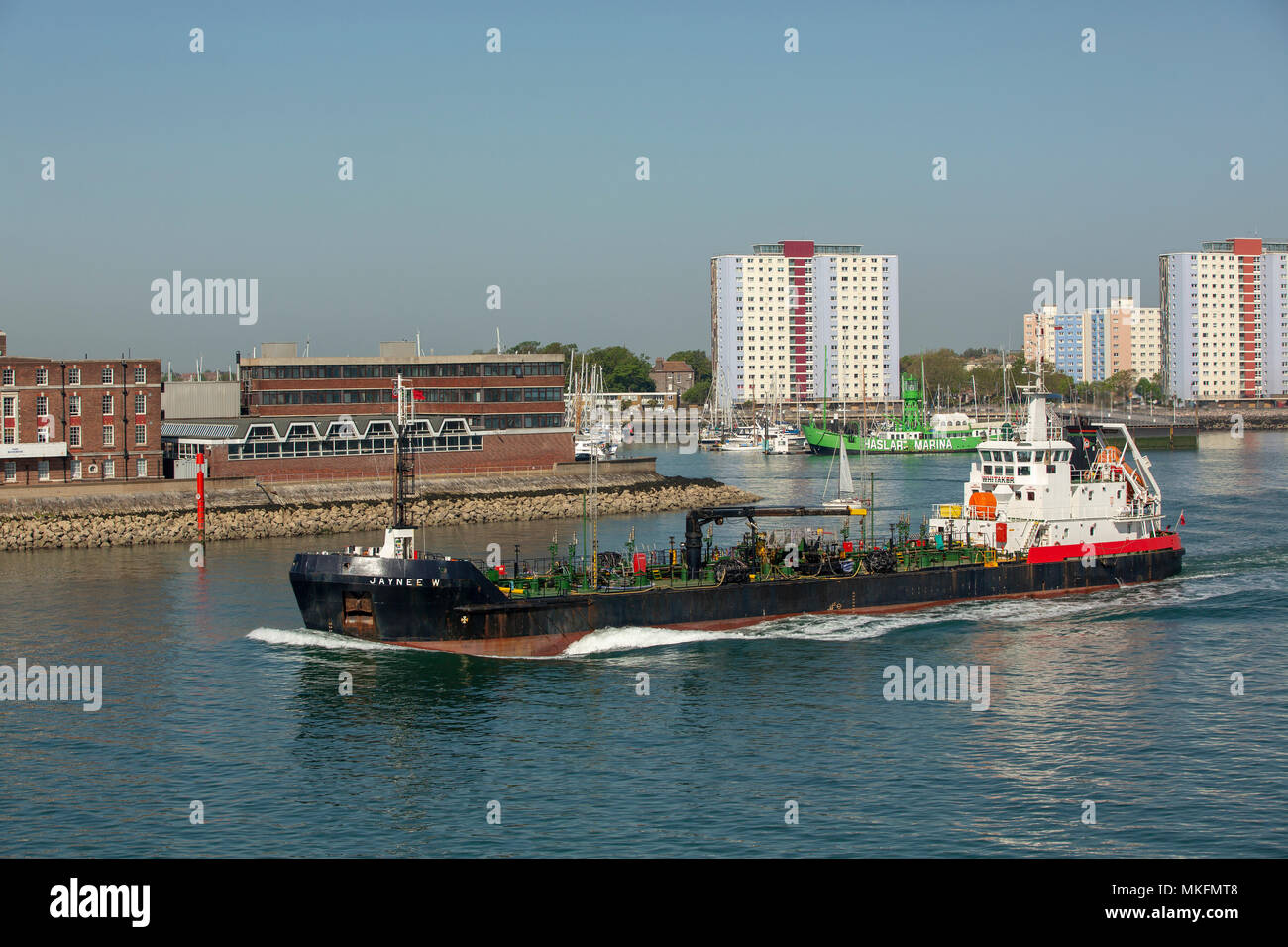 The Jaynee W, a small oil tanker leaving Portsmouth harbour on a clear ...