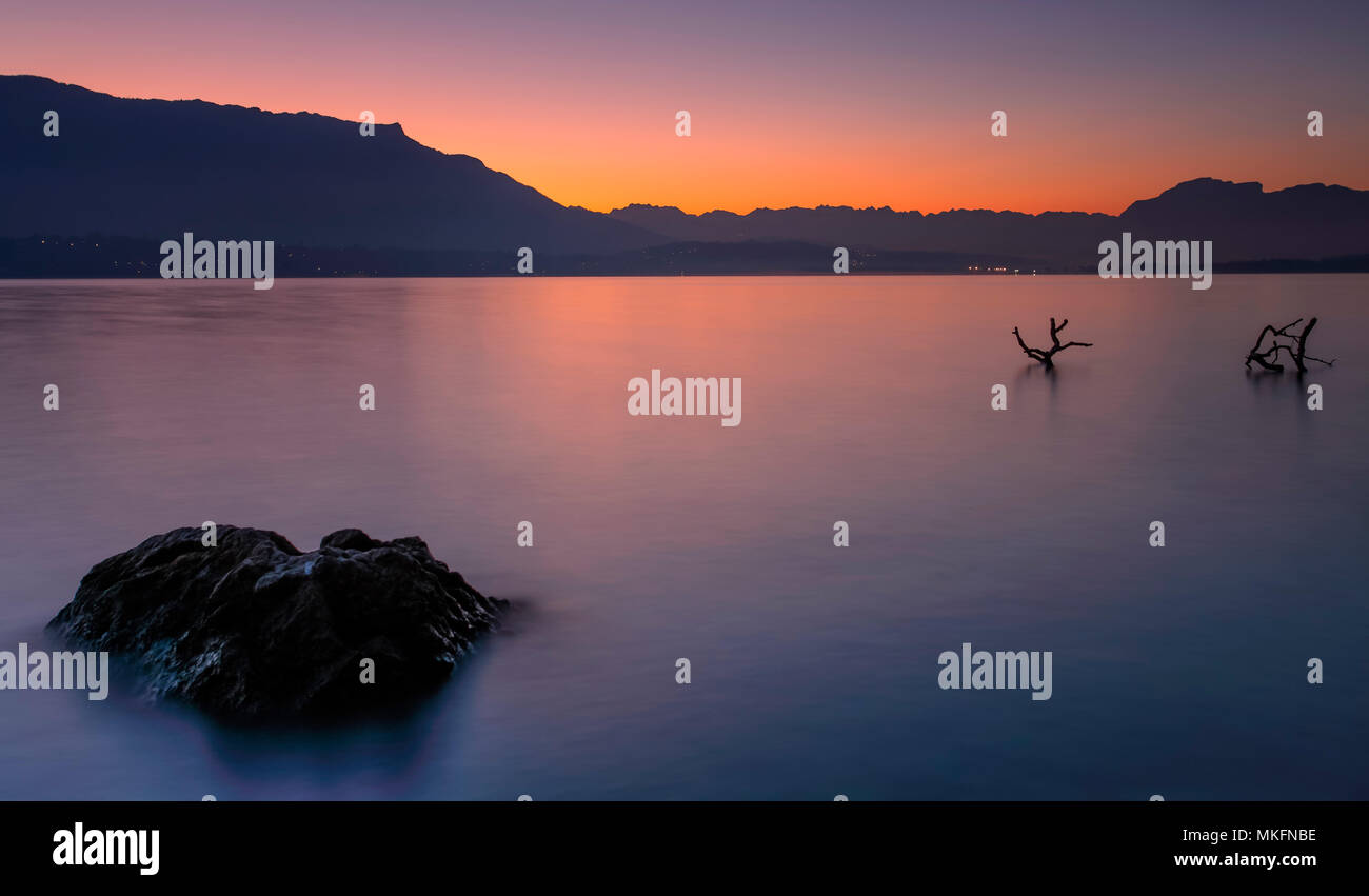 Sunrise over the Belledonne Massif, Lake Bourget, Bourdeau, Savoie ...
