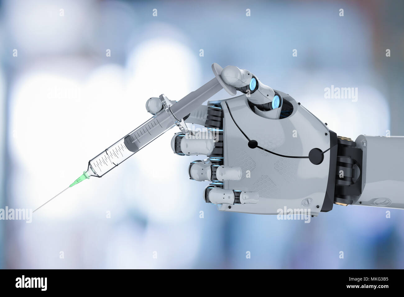 3d rendering robotic hand holding medical syringe Stock Photo - Alamy