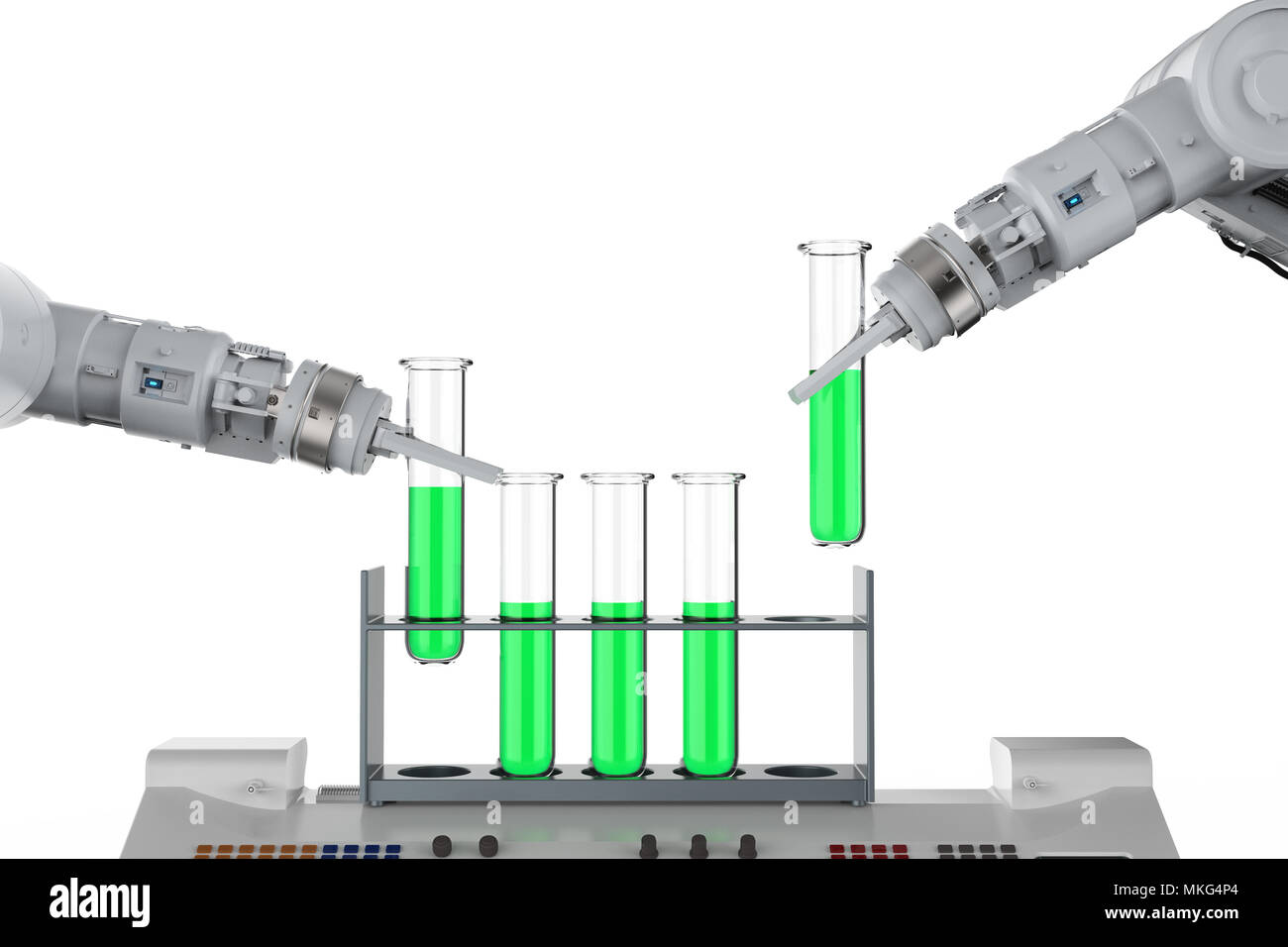 3d rendering two robotic hands working on test tubes Stock Photo - Alamy