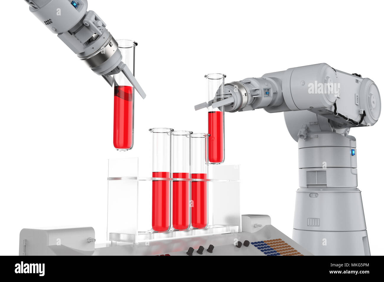 3d rendering two robotic hands working on test tubes Stock Photo - Alamy