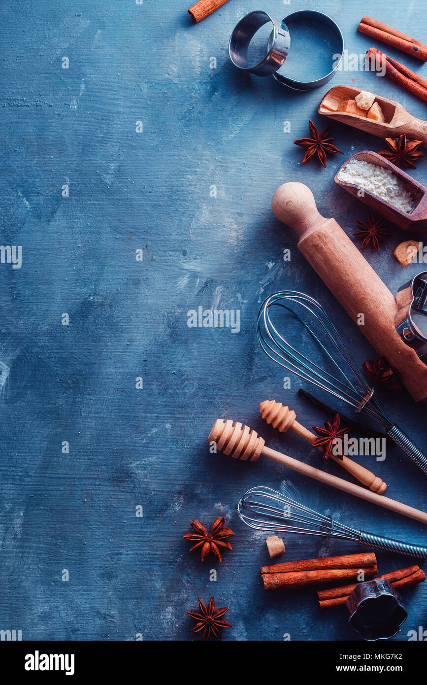 Baking tools and ingredients from above. Cooking concept with wooden ...