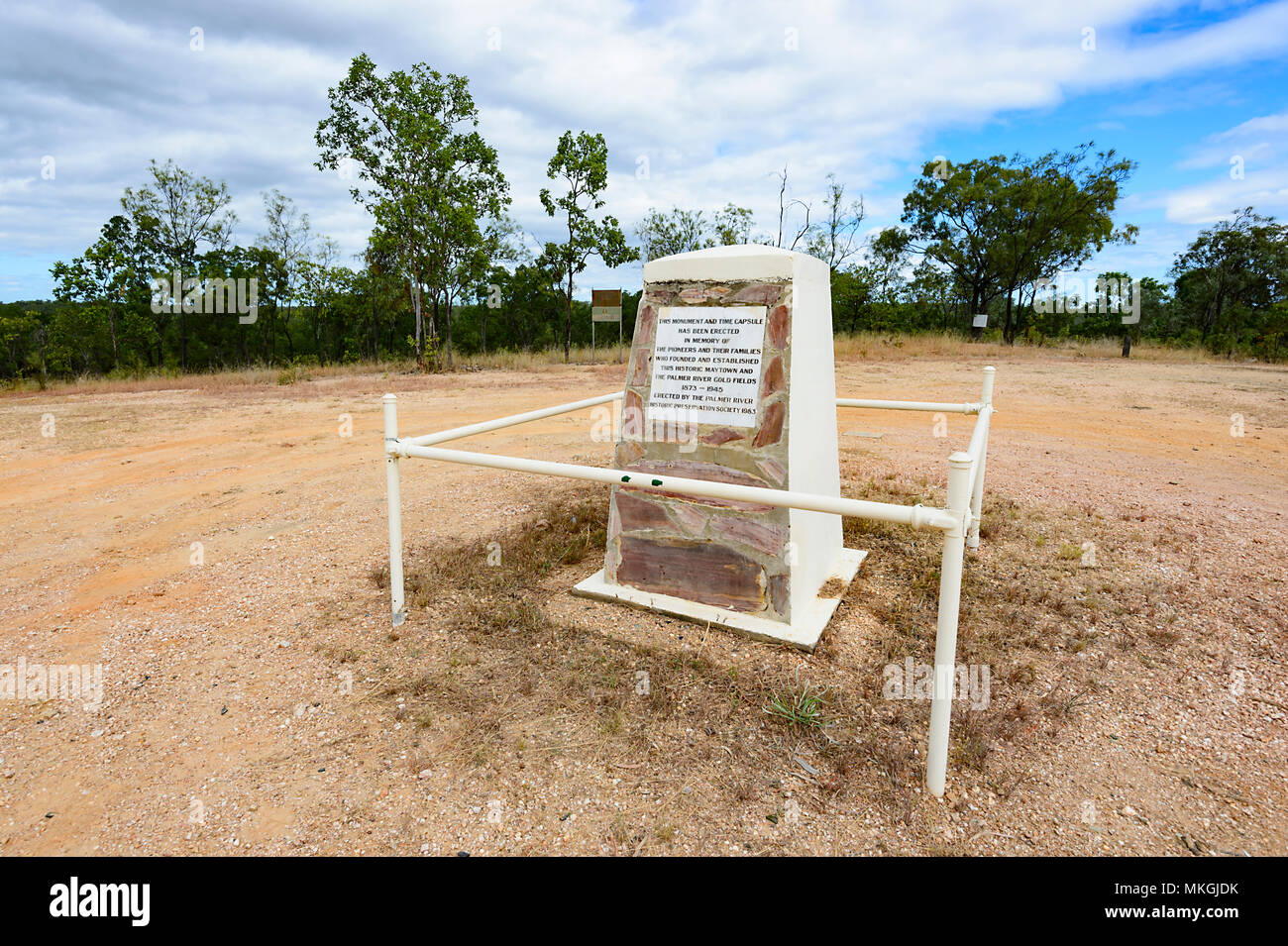 Commemorative cairn at Maytown, an old gold rush ghost town, Far North ...