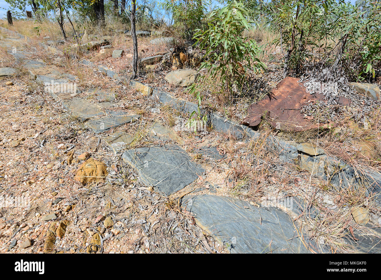 Remnants of Stone kerbing and gutters in the ghost town of Maytown, a ...