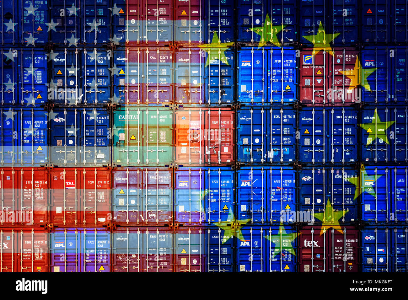 Stacked cargo containers with EU and US flag Stock Photo - Alamy