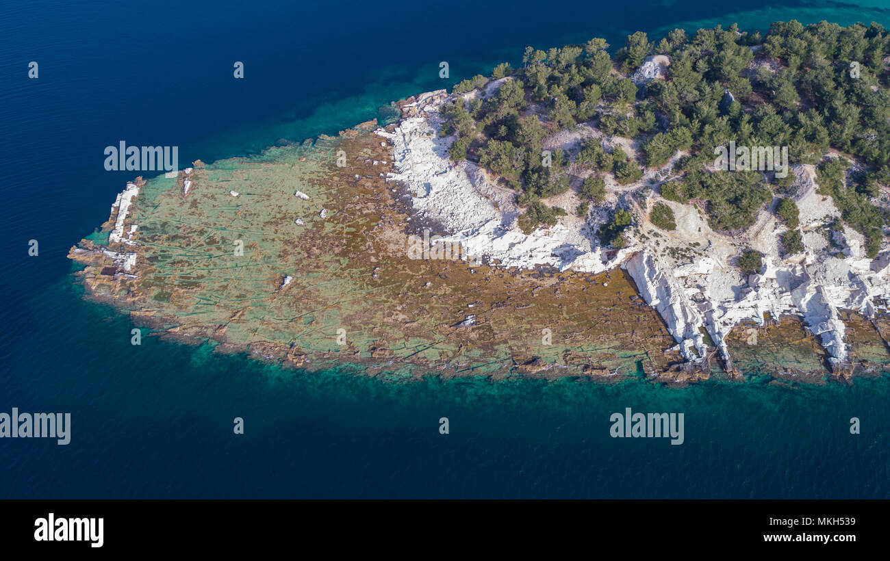 Aegean seashore and marble rocks in Aliki, Thassos island, Greece Stock ...