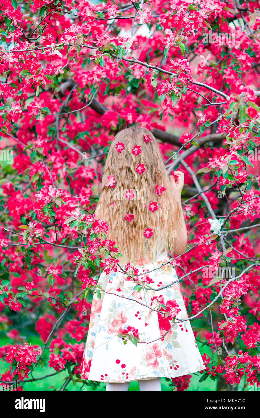 Adorable little girl in blooming apple tree garden on spring day Stock Photo - Alamy