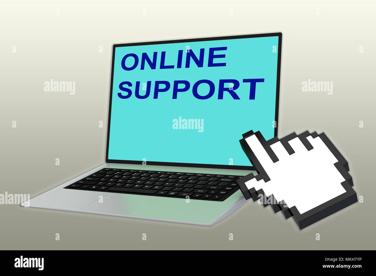 3D illustration of ONLINE SUPPORT script with pointing hand icon ...