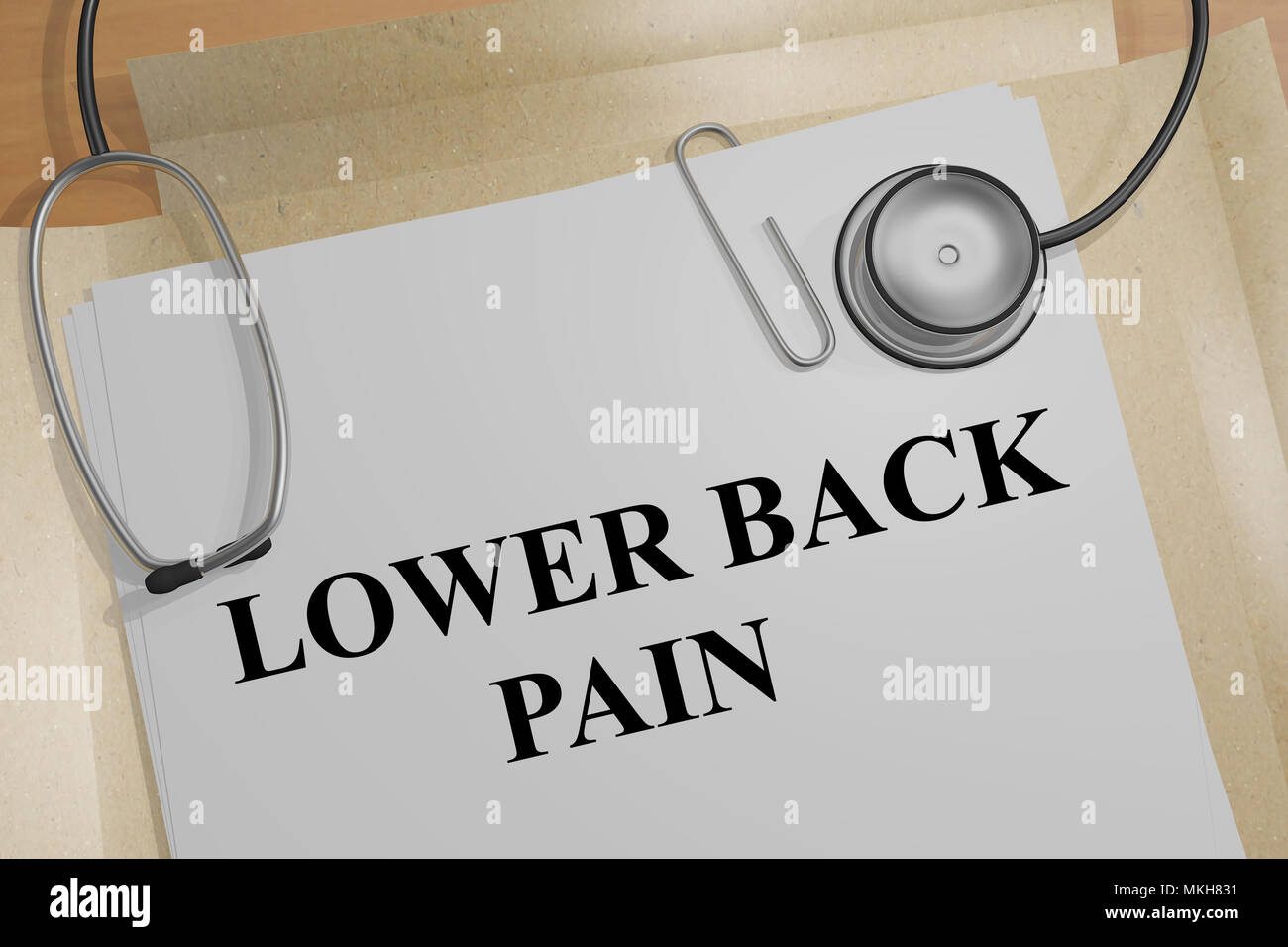 3D illustration of LOWER BACK PAIN title on a medical document Stock ...