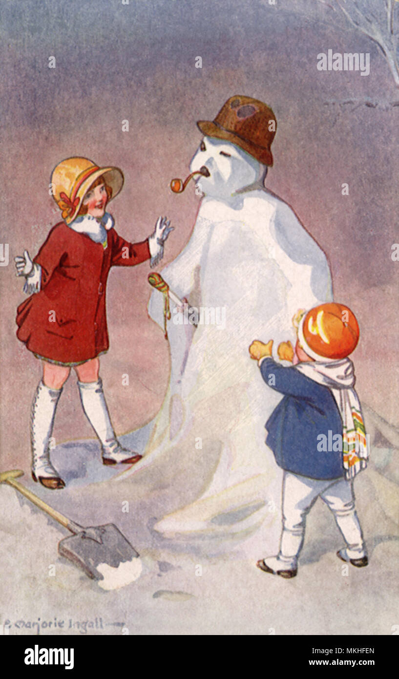 Two Children and Snowman with Pipe Stock Photo - Alamy
