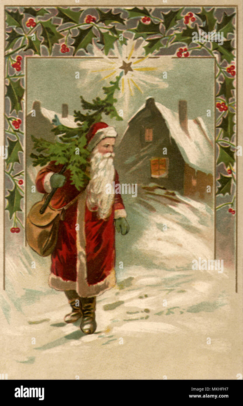 Santa Walking with Tree in Snow Stock Photo - Alamy