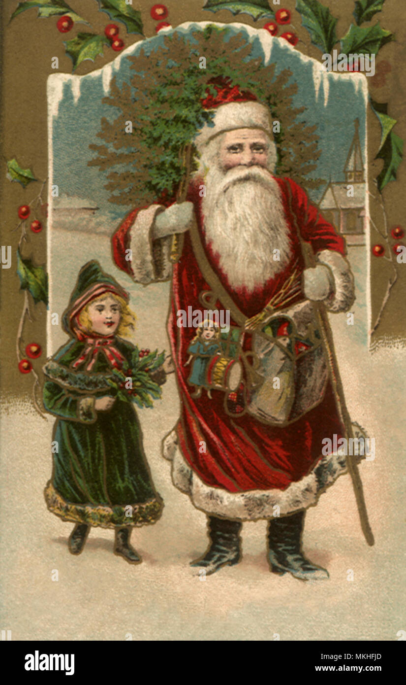 Santa, Carrying a Tree, Walks with a Child Stock Photo - Alamy