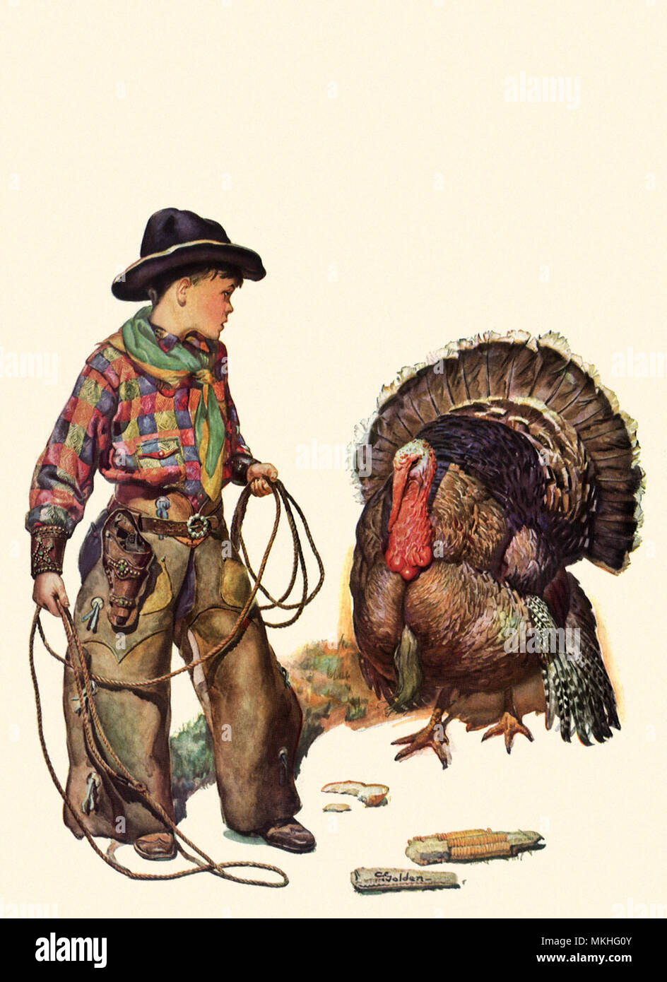 Boy in Cowboy Garb and Turkey Stock Photo - Alamy
