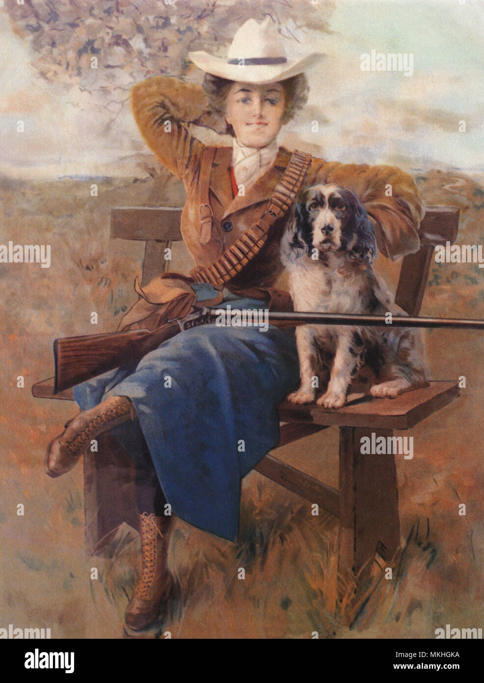 Hunter on Bench with Dog and Rifle Stock Photo - Alamy