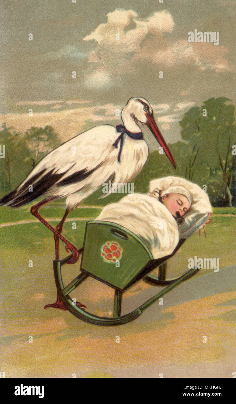 Stork with Baby in Cradle Stock Photo - Alamy