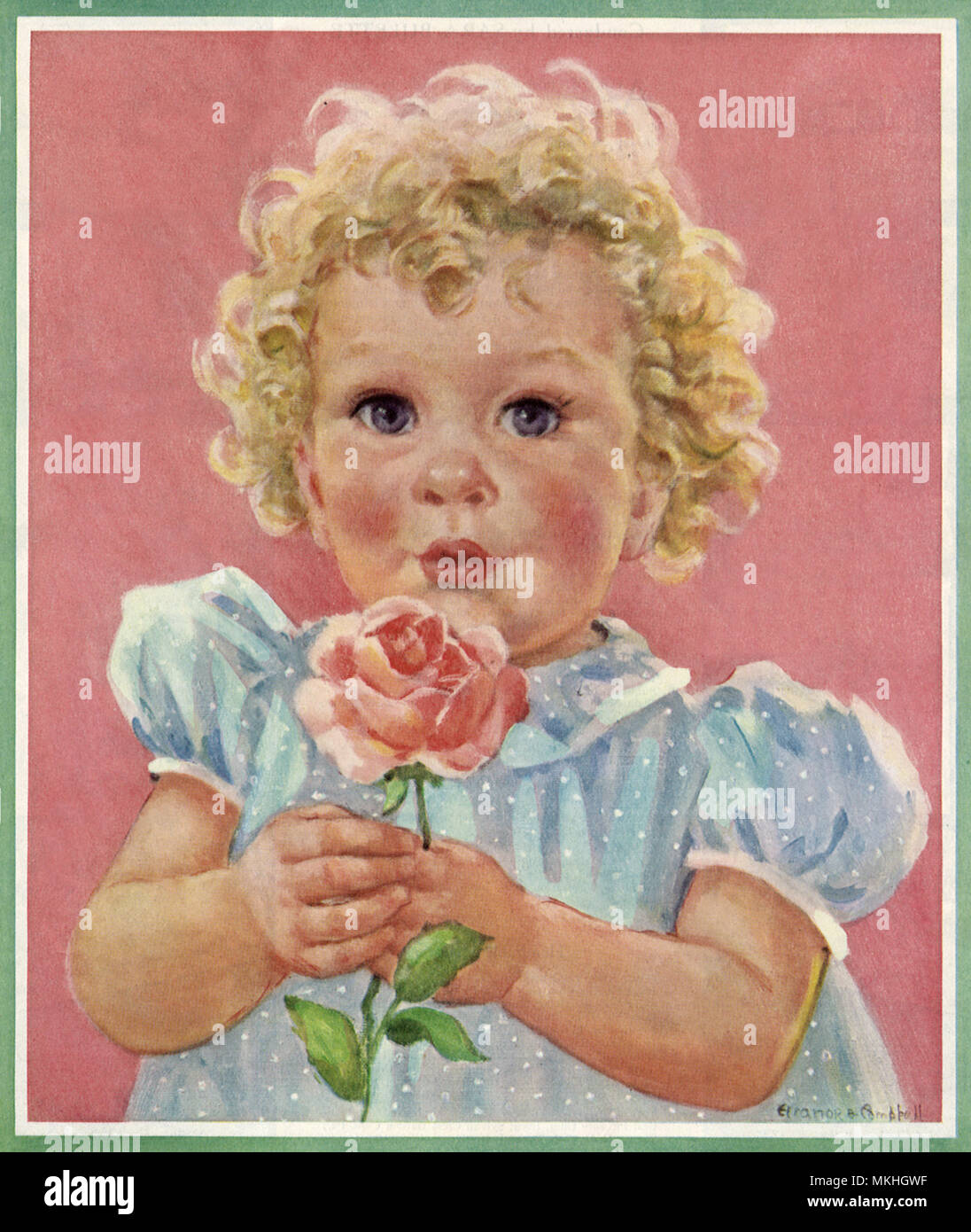 Blonde Baby Holding Rose Stock Photo - Alamy