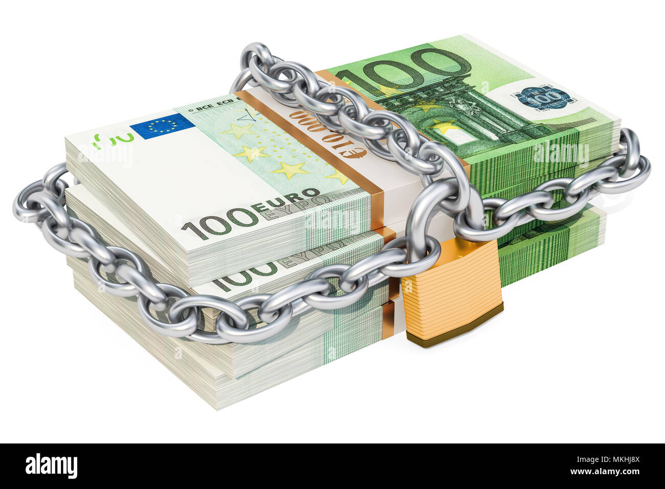 Euro packs with padlock and chain, 3d rendering isolated on white ...