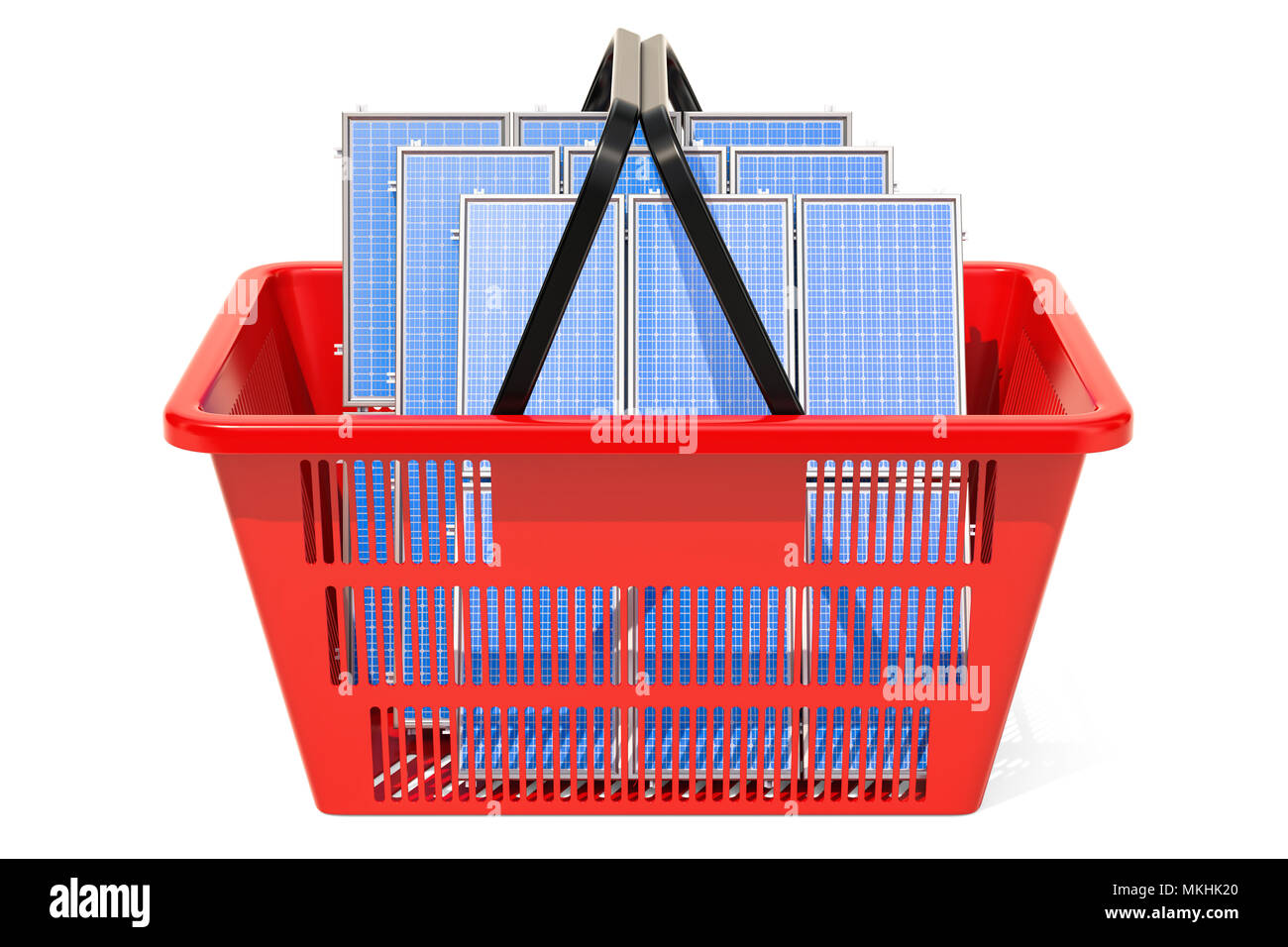 Shopping basket with solar panels, 3D rendering isolated on white ...