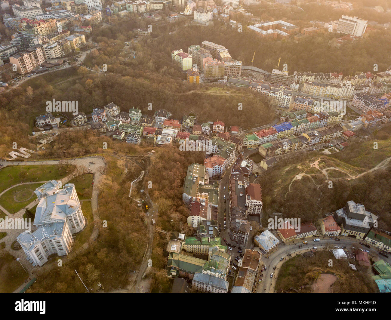 Beautiful aerial view at sunset on Vozdvizhenka district and the ...