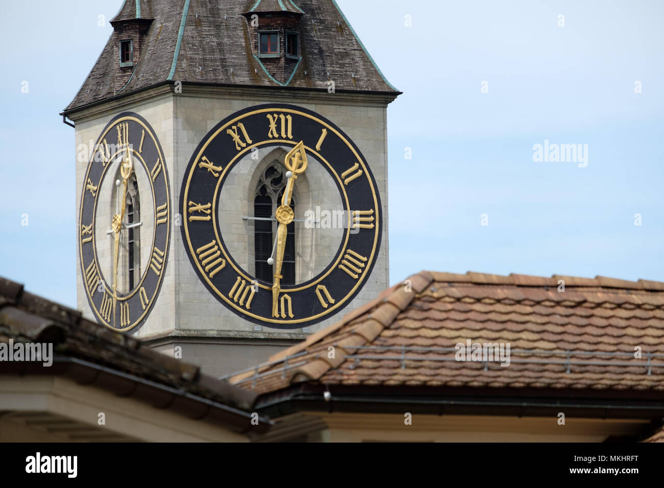 Clock tower of the St. Peter evangelical church in Zurich, Switzerland ...