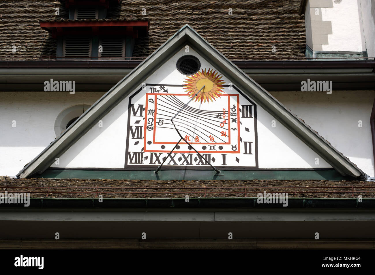 Sundial on the Predigerkirche protestant church in Zurich, Switzerland ...