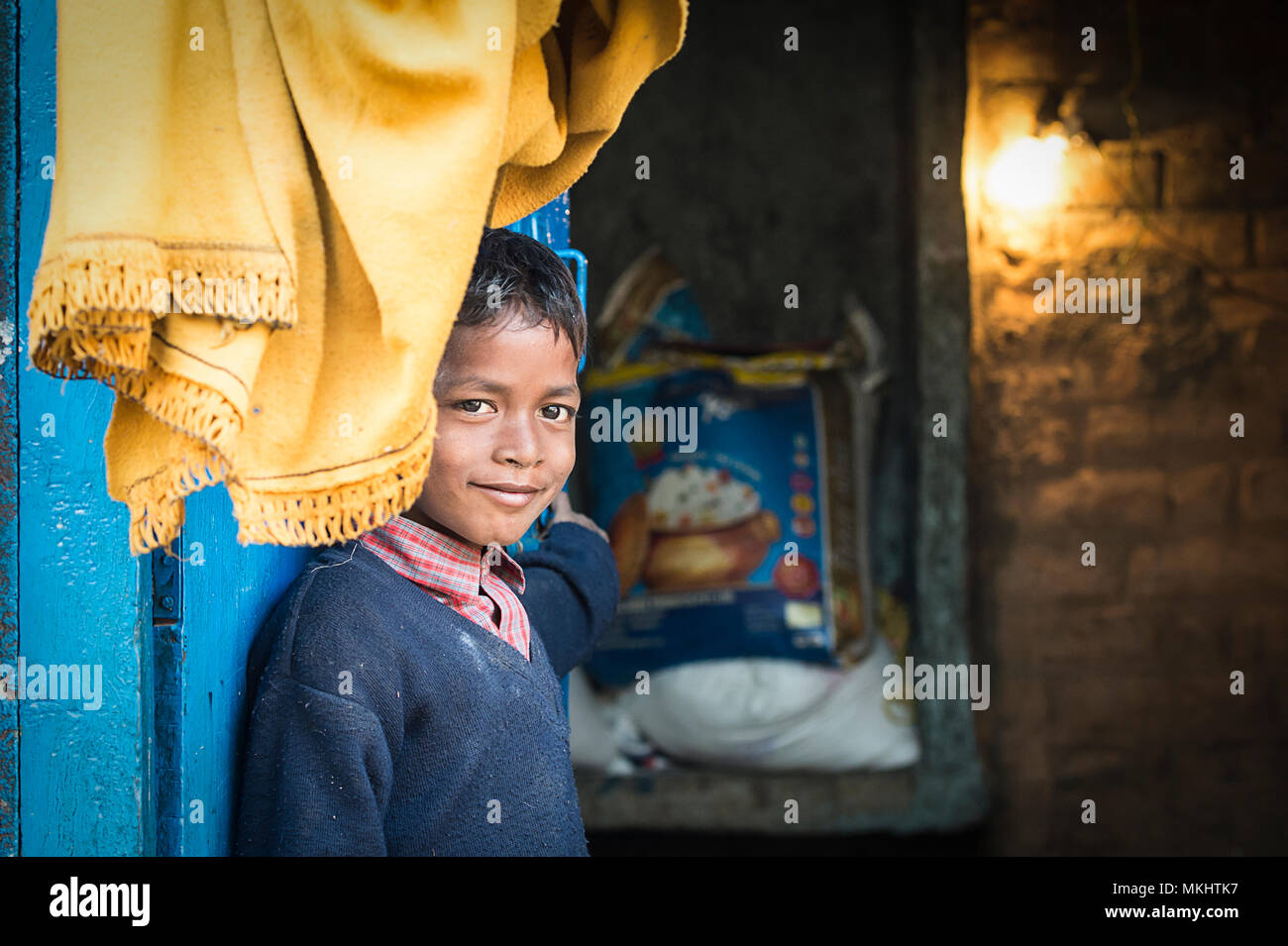 RAJASTHAN - INDIA - 06 JANUARY 2018. Portrait of a young boy in front ...