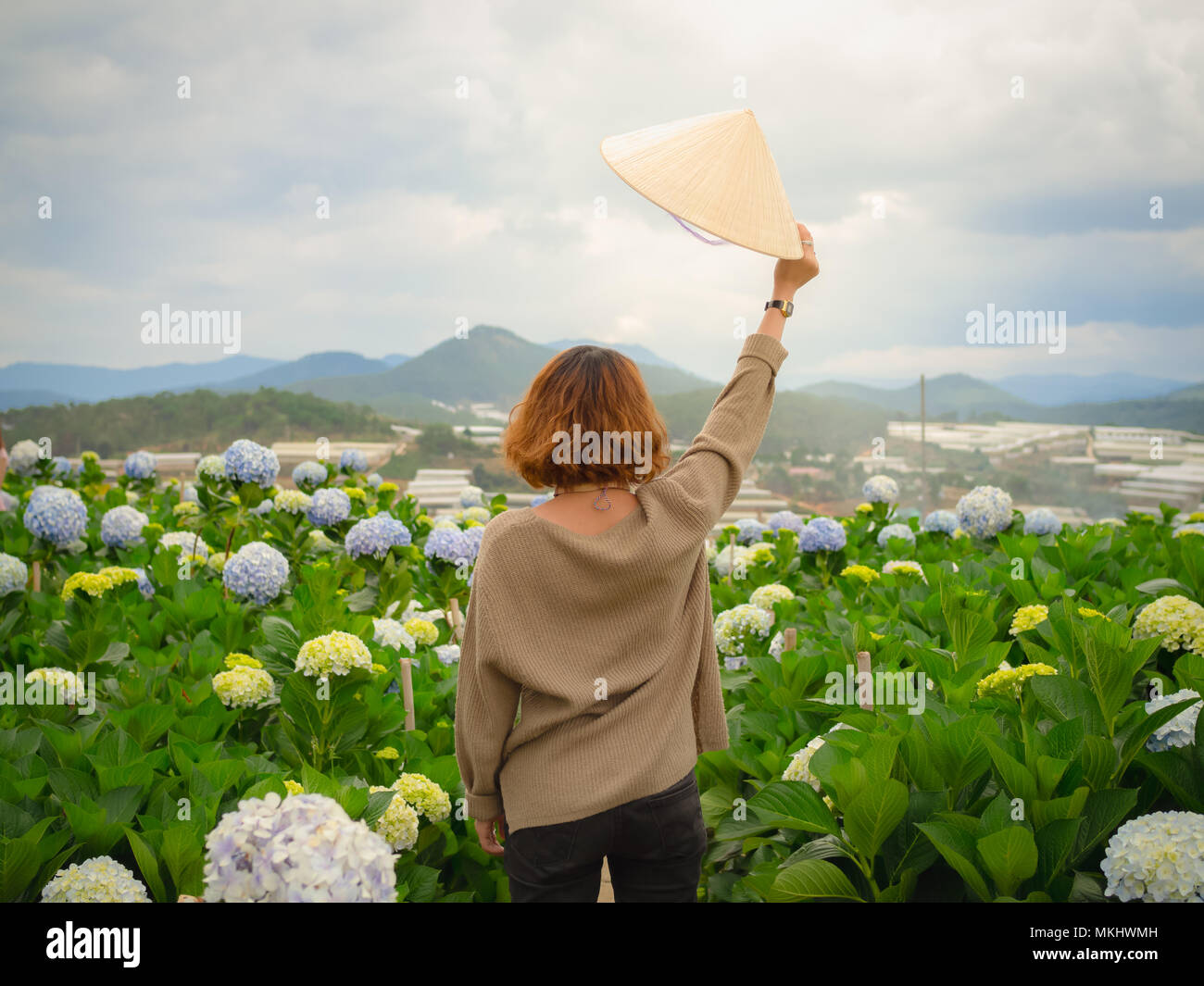 Vietnamese Woman Holding A Traditional Vietnam Hat in The Hydrangea ...