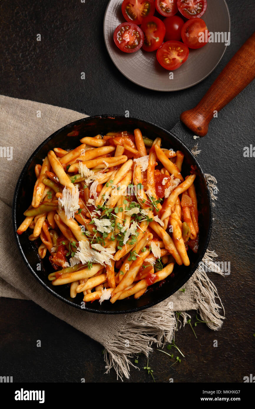 Tomato and cheese pasta, food top view Stock Photo - Alamy