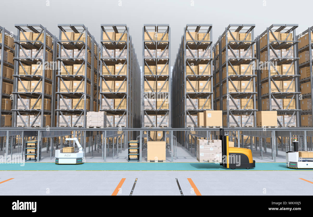 Modern Automated Logistics Center's interior. AGV and autonomous ...