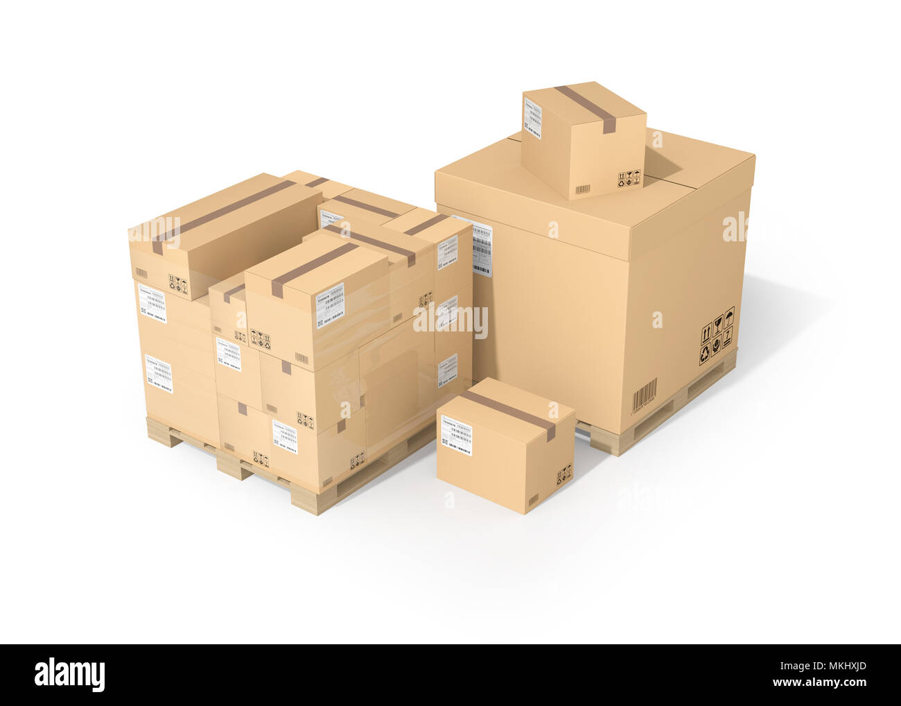 Stack of brown cardboard boxes mock-up on pallet isolated on white ...