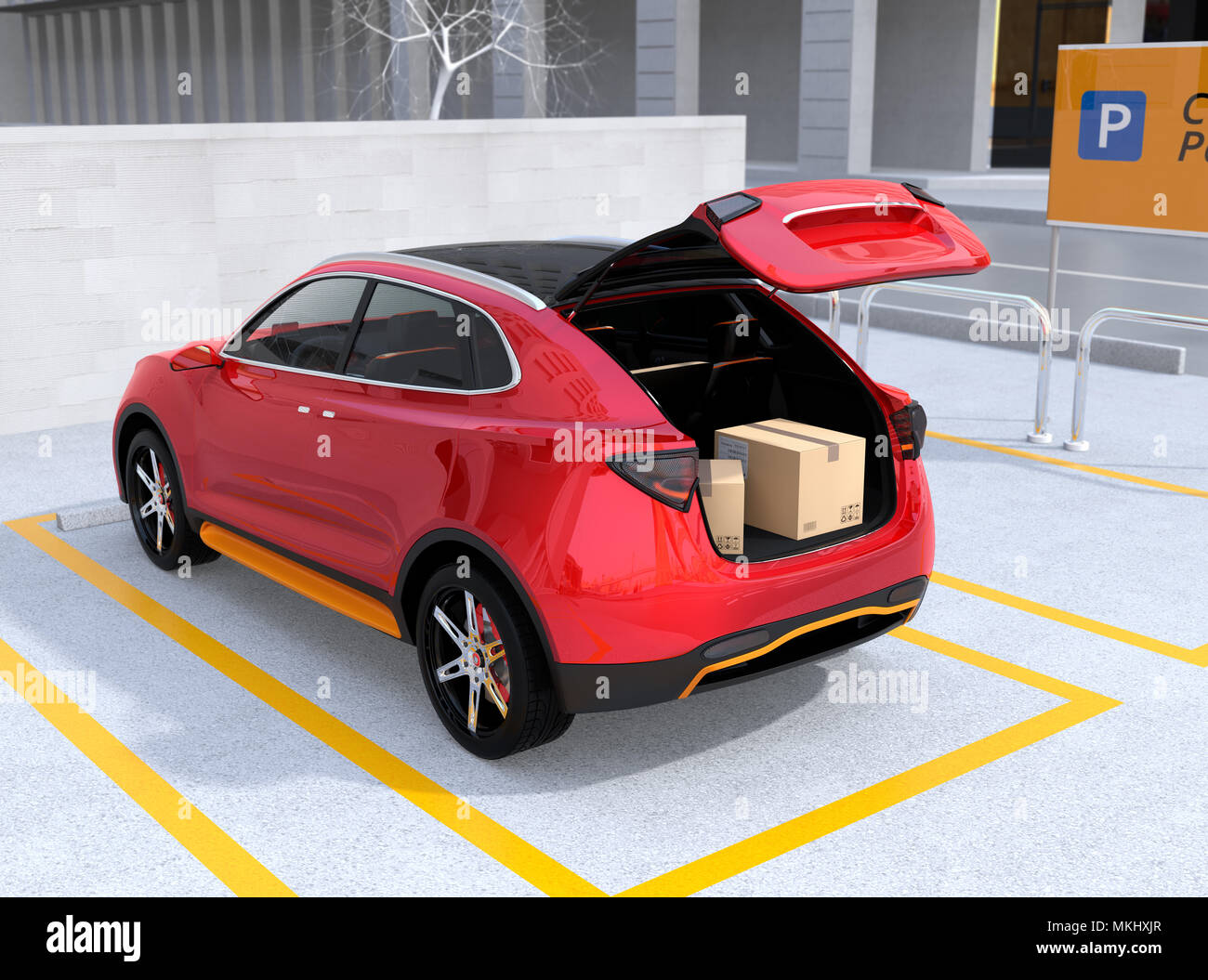 Rear view of opened red car trunk with package boxes inside. Concept ...