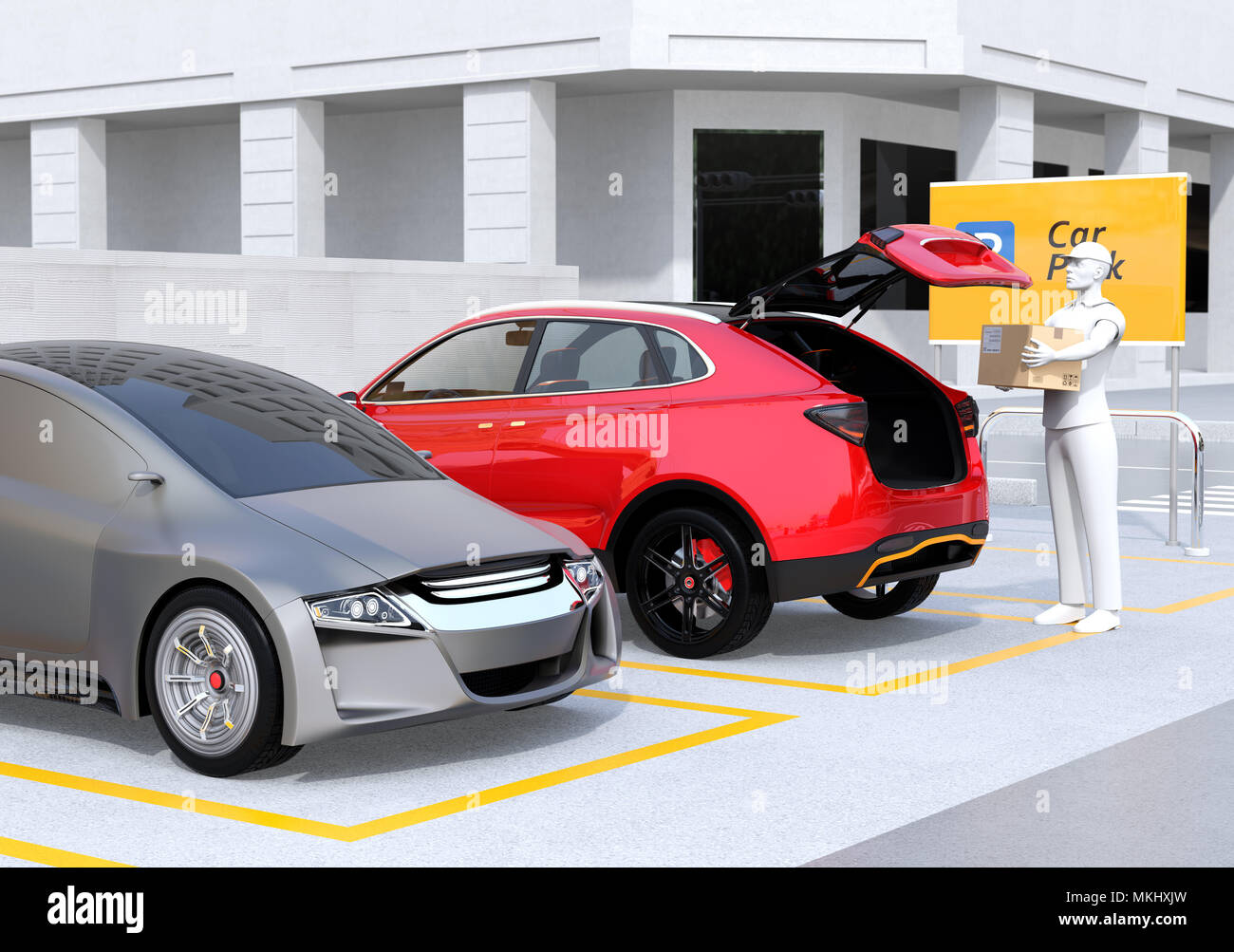 Delivery staff carrying cardboard box to red car trunk. Concept for car ...
