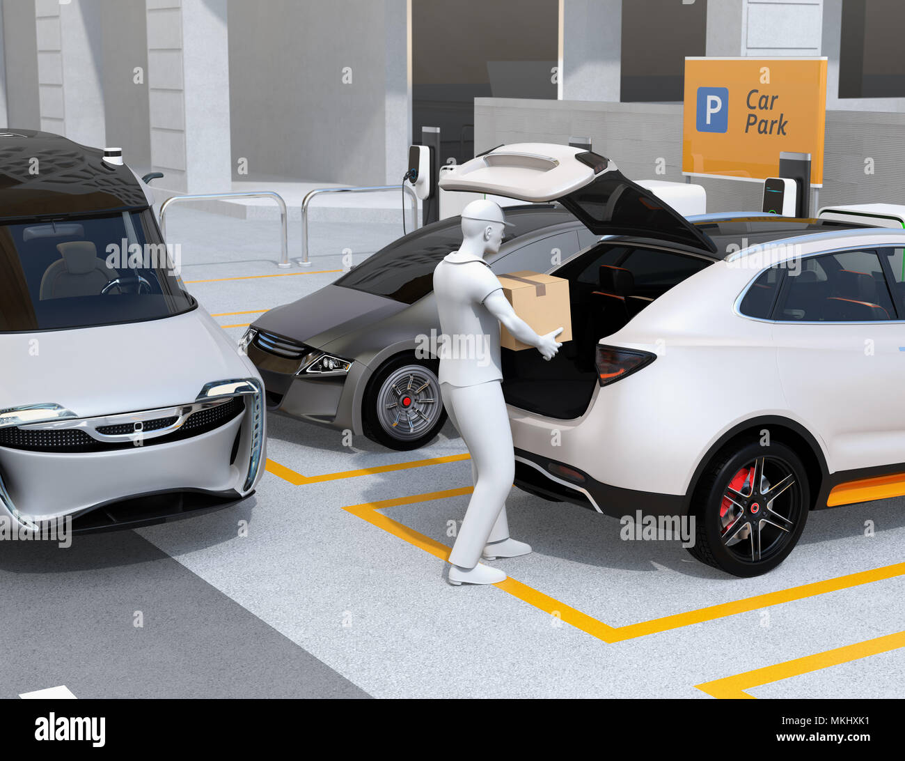 Delivery staff carrying cardboard box to SUV trunk. Concept for car ...