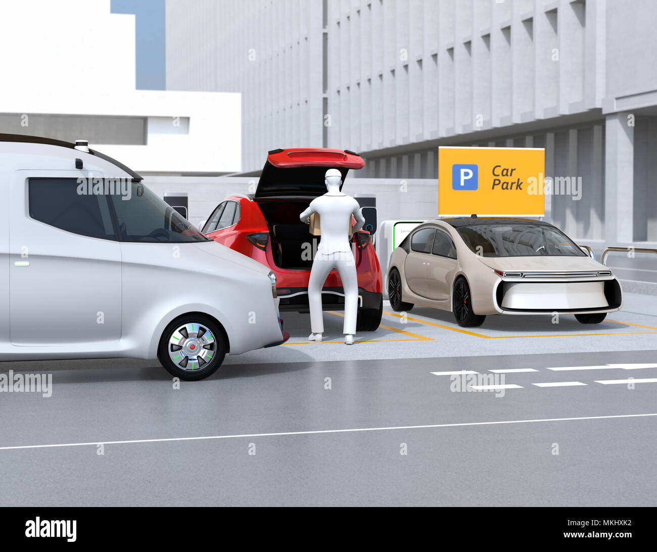 Delivery staff carrying cardboard box to red car trunk. Concept for car ...