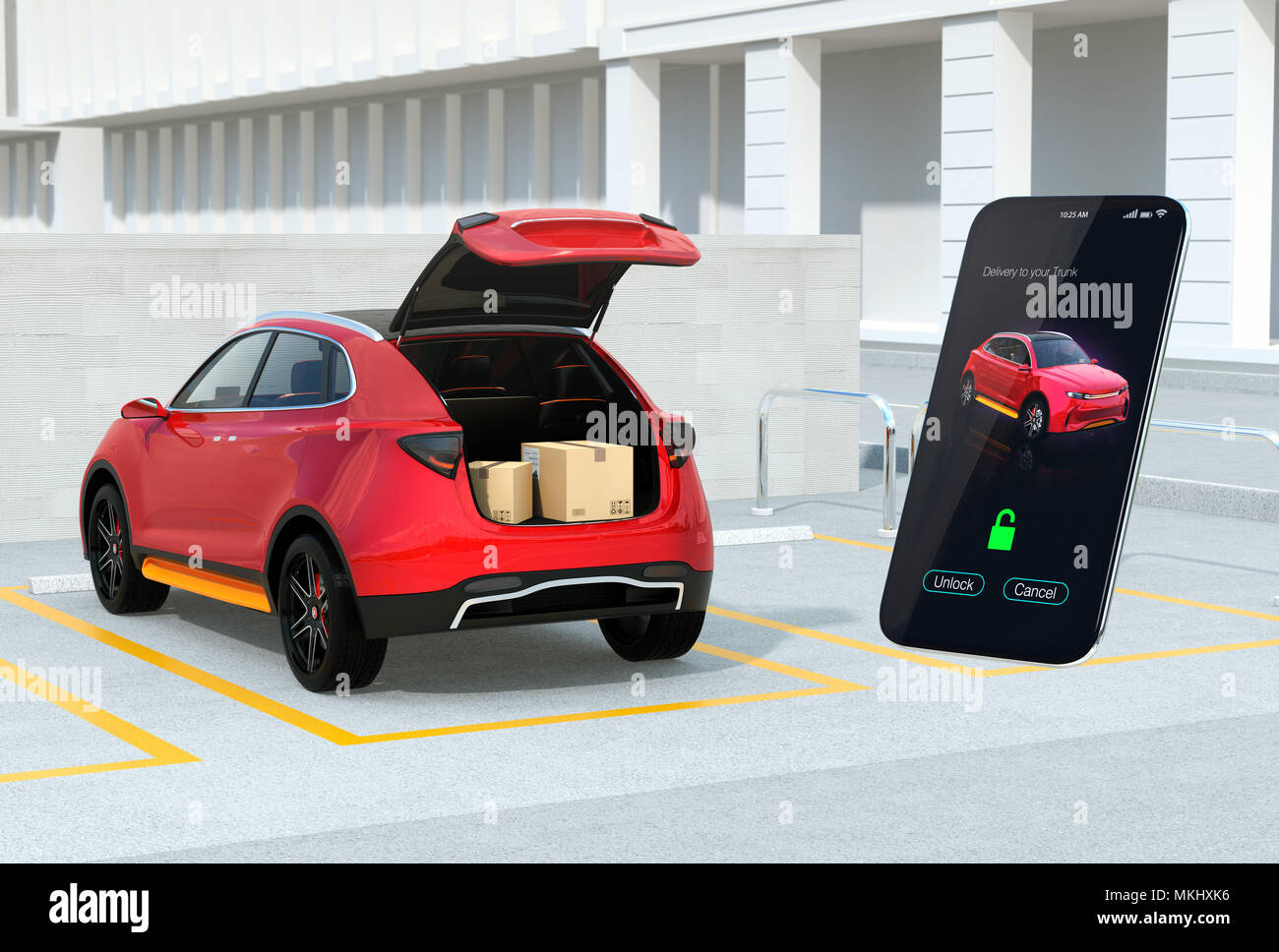 SUV in parking lot with opened trunk, cardboard boxes inside ...