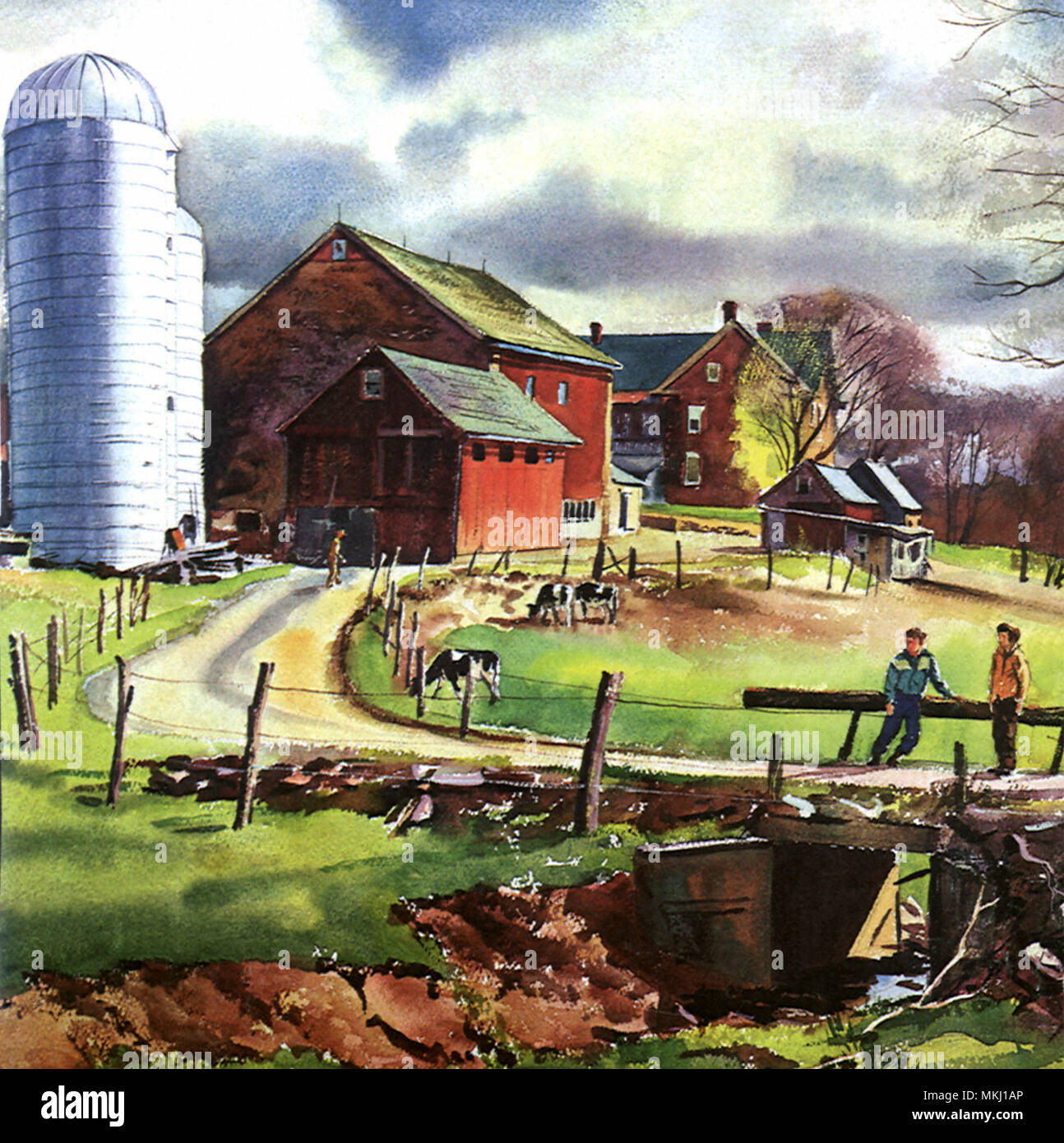 Farm, Silo, Cow and Boys Stock Photo - Alamy