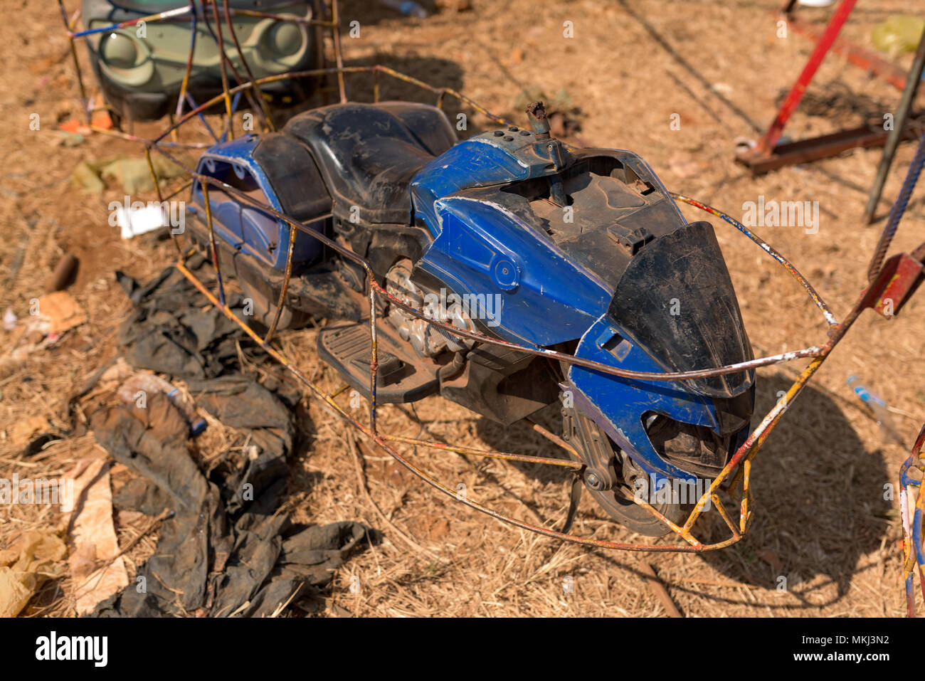 Heavy damaged toy car of roller coaster in Amusement park in Banlung ...
