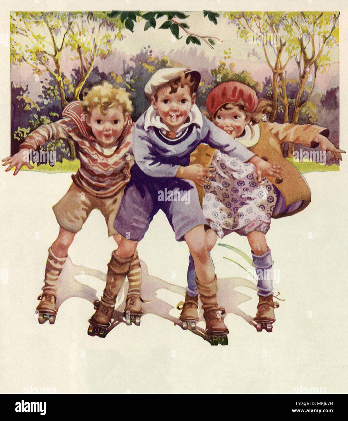 Three Kids on Skates Stock Photo - Alamy
