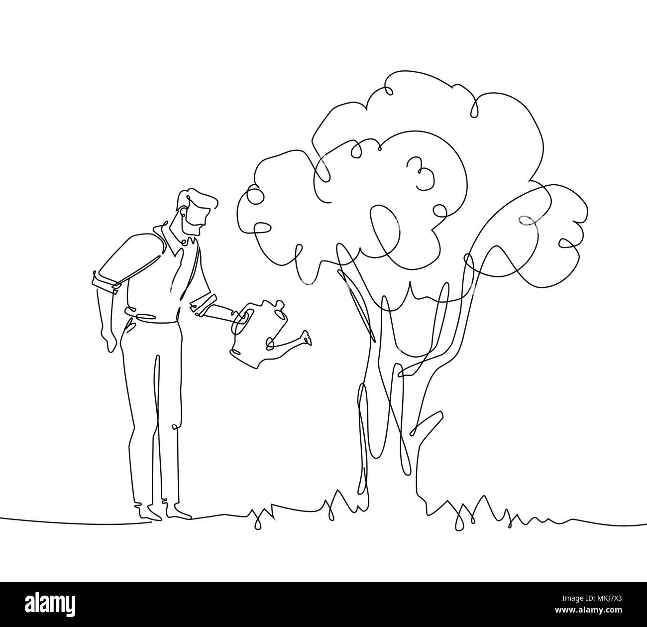 Man watering the tree - one continuous line design style illustration ...