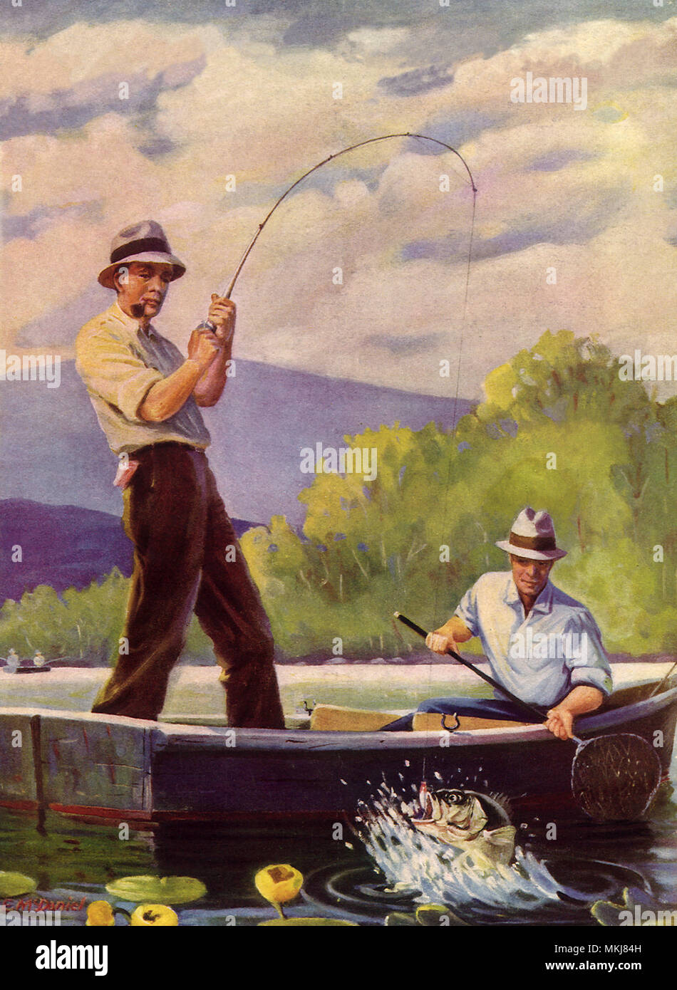 Two Men Fishing in Boat Stock Photo - Alamy