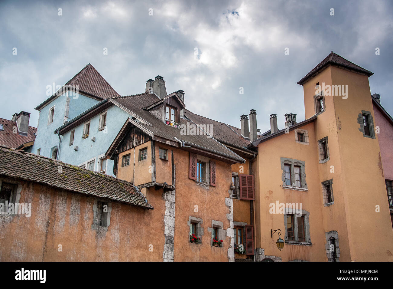 Rooftops in the old medieval town of Annecy, France. Beautiful pastel ...