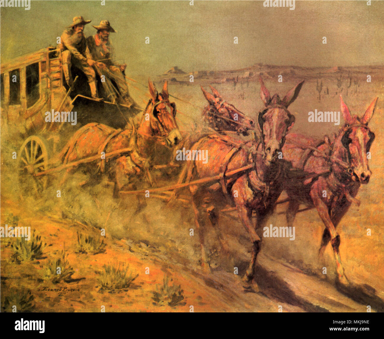 hand drawn illustration of a Cowboy stagecoach driver and horses front ...