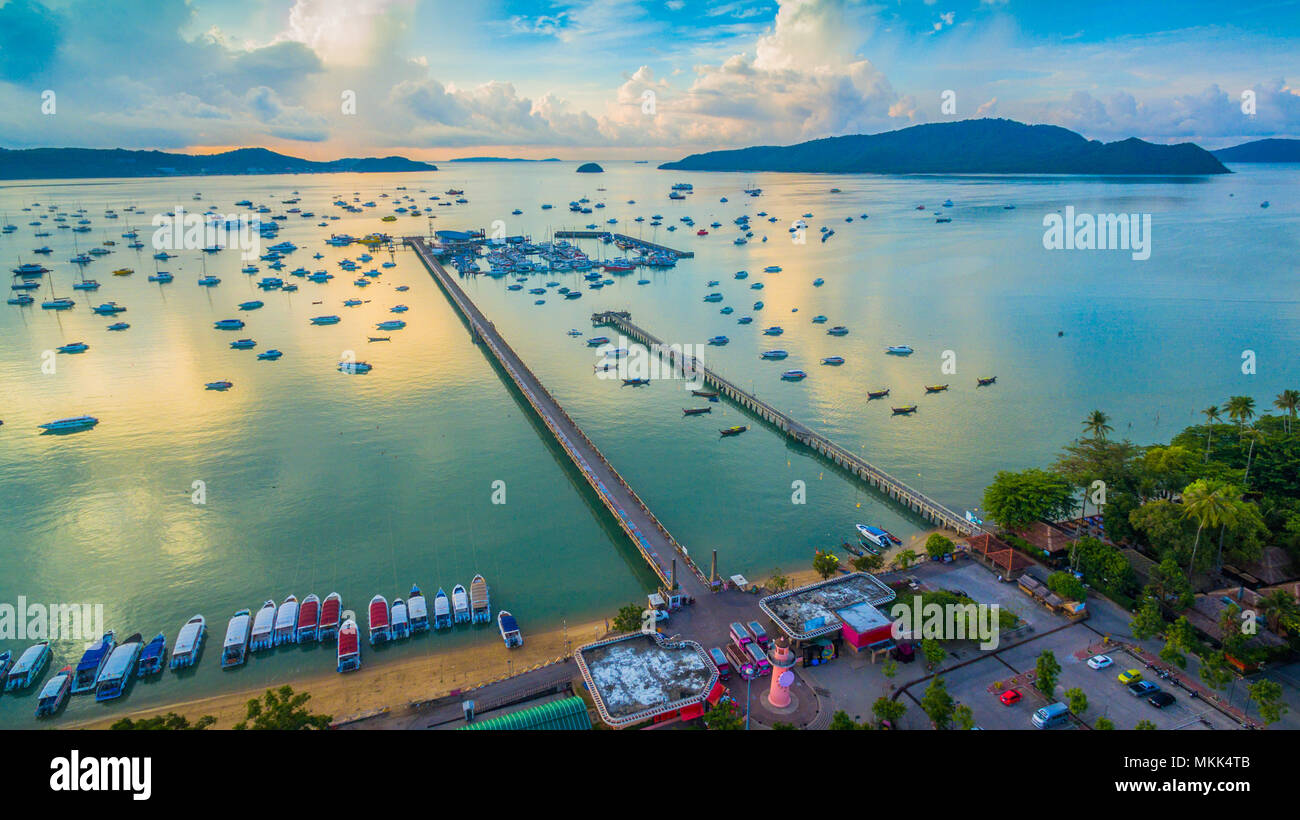 aerial photography cloudy above Chalong pier in the morning. Chalong ...
