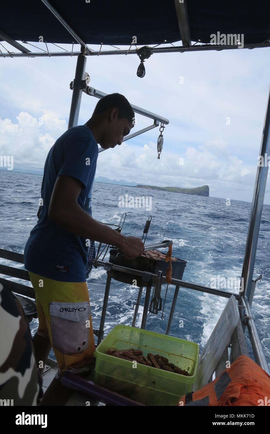 Ship's cook is making meal for tourist in a ship while sailing to an ...
